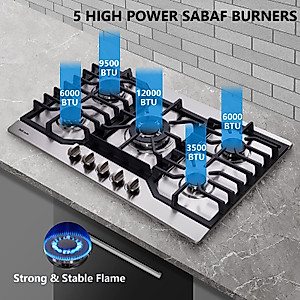 30 Inch Gas Cooktop, Stainless Steel Built-in 5 Burners Gas Stovetop LPG/NG Convertible Gas Stove Top Dual Fuel Gas Hob DM527-05