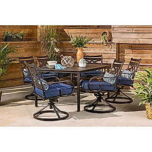 Hanover Montclair 7-Piece Steel Patio Dining Set with 6 Swivel Rockers, Navy Blue Cushions and Stamped Steel 40"x 67" Rectangular Dining Table, Outdoor Dining Set for 6, All Weather Patio Furniture