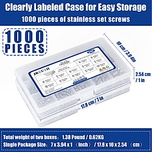 JROUTH 1000pcs Metric + SAE Set Screw Assortment Kit, Internal Hex Drive Cup-Point Allen Screws Set 304 Stainless Steel Grub Screw (M3-M8, 1/8""-40 to 5/16""-18)