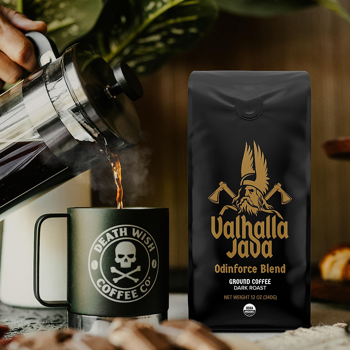 Death Wish Coffee Valhalla Java Dark Roast Grounds, 12 Oz, Extra Kick of Caffeine, Bold & Intense Blend of Arabica Robusta Beans, USDA Organic Ground Coffee, Powerful Coffee for Morning Boost