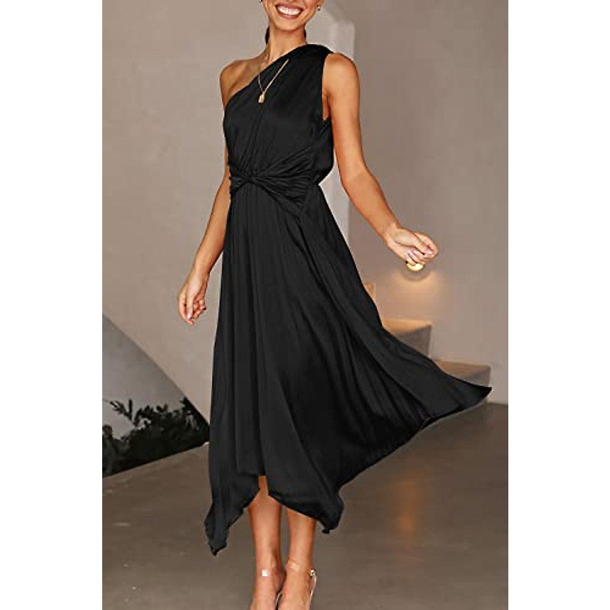 PRETTYGARDEN Women's Summer Long Satin Dress One Shoulder Sleeveless Ruched Twist Flowy Maxi Dresses (Black,Medium)