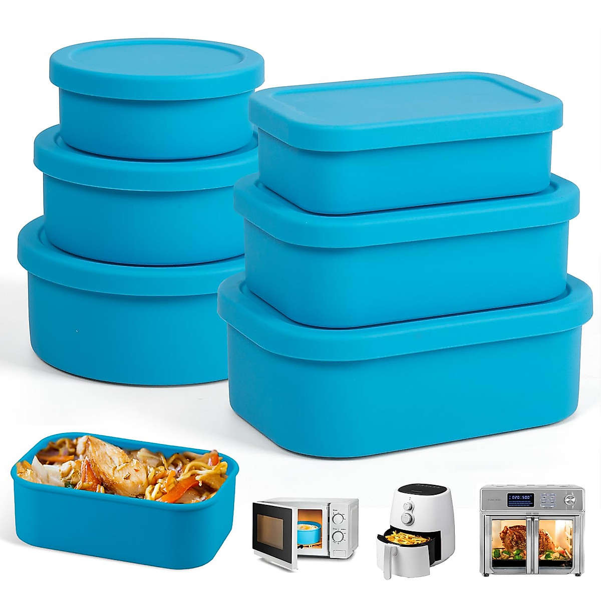 Nesting 100% Silicone Food Storage Containers with Lid & Measuring Line, 6 Pack, Leakproof Stackable Hard-Shell Silicone Containers for Food Lunch Snack, Microwave Oven Freezer Dishwasher Safe, Blue