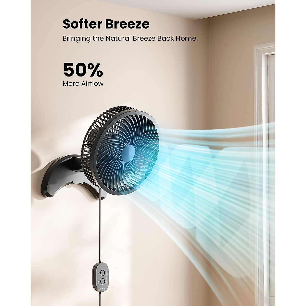 Koonie 8'' Wall Mount Fan, Quiet Small Wall Fan with Timer, 8.2ft Wired Remote, 80° Oscillation, 100° Adjustable, 3 Speeds High Velocity for RV Bedroom Kitchen Office Garage(Adapter Included)