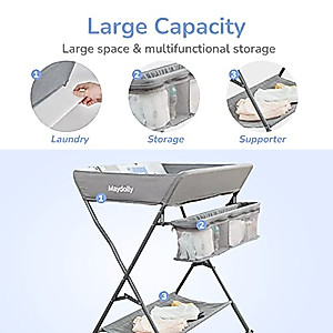Baby Changing Table with Wheels, Maydolly Portable Adjustable Height Folding Diaper Station with Nursery Organizer & Storage Rack for Newborn Baby and Infant, Grey Pattern