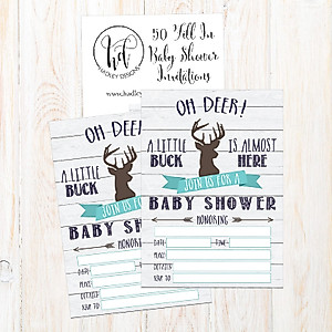 Hadley Designs Deer Baby Shower Invitation set-50 Invitations & 25 Diaper Raffle Tickets For Baby Shower Boy, Hunting Camping Camo Fill or Write in Card, Diaper Raffle Cards Inserts