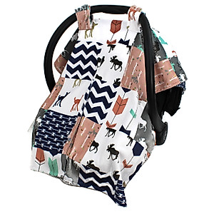 Dear Baby Gear Deluxe Reversible Car Seat Canopy, Custom Minky Print, Woodland Deer Quilt Feathers Pink Mint