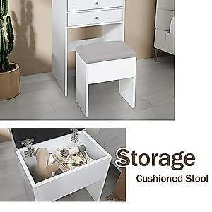 ARTETHYS Small Vanity Desk Set with 3 Adjustable Lighted Mirror and Storage Chair, Makeup Vanity Table for Small Space, White Dressing Table with Fold-up Panel for Bedroom