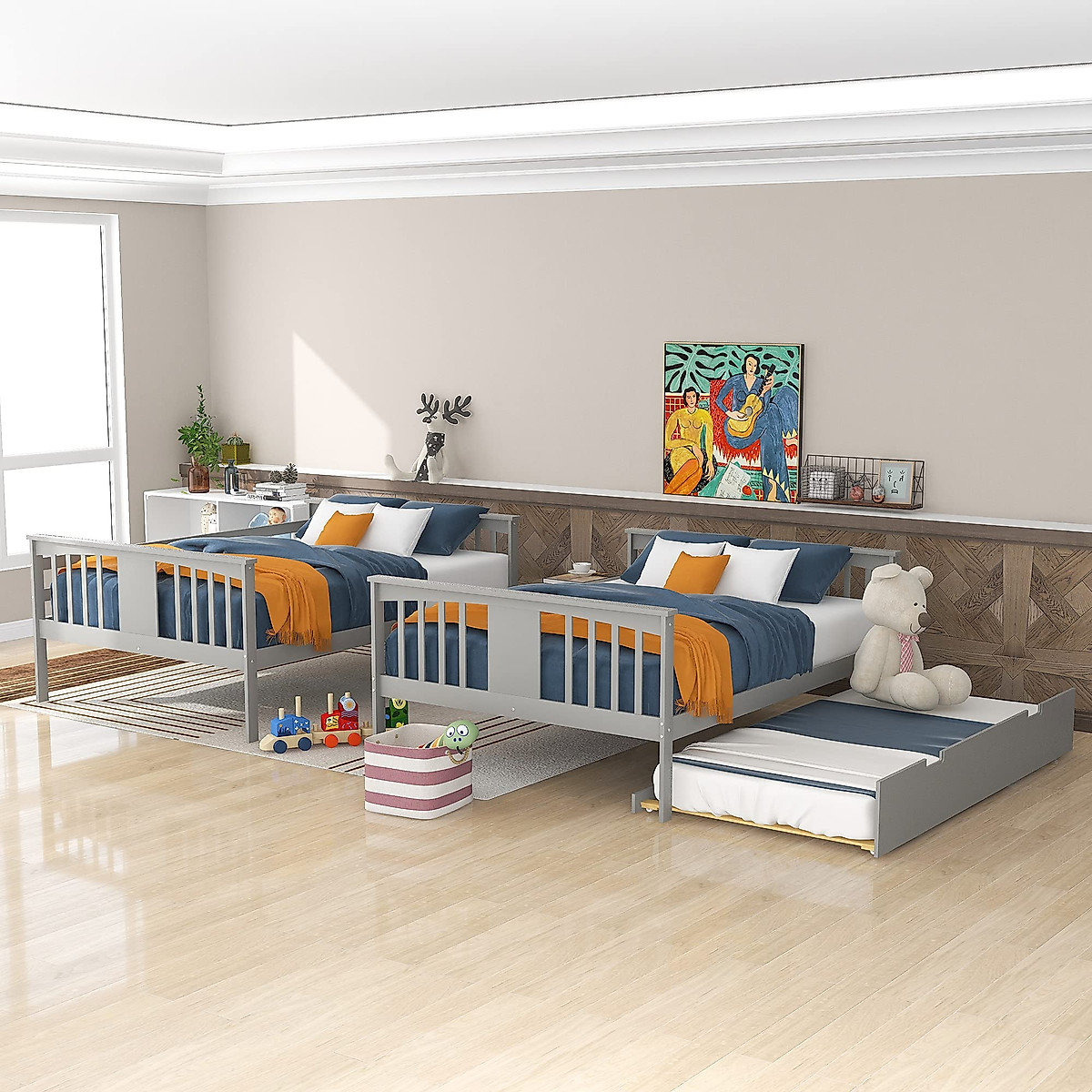 Harper & Bright Designs Full Over Full Bunk Bed with Trundle, Solid Wood Bunk Bed with Ladder for Bedroom, Guest Room Furniture – Gray