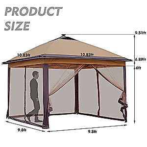 11'x11' Pop Up Canopy Tent Patio Gazebo for Outdoor Life with Mosquito Netting (Square Without LED Solar Lights), Brown