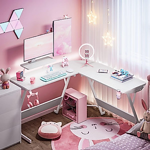 MOTPK White Gaming Desk with LED Lights, Carbon Fiber L Shaped Gaming Desk, Corner Gaming Desk L shape, Gamer Desk Gaming Table with Monitor Stand & Cup Holder & Headphone Hook, 51 Inch, Gift Ideas