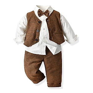 Toddler Boys Formal Suits Kids Classic Fit Dresswear Suit Vest Set Outfit(Brown, 90/18-24 Months)