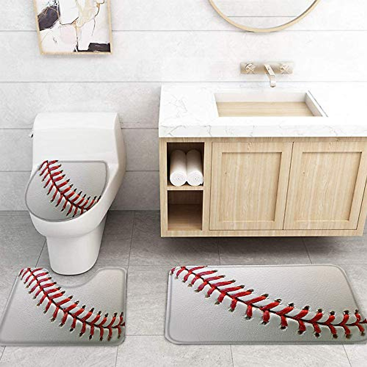 4 Pieces Bathroom Shower Curtain with Mats Set Sports Baseball Texture Closeup Background,Non-slip Bath Rugs Toilet Lid Cover U-shaped Carpet,Red and White Lines Laces Doormats Waterproof Curtains