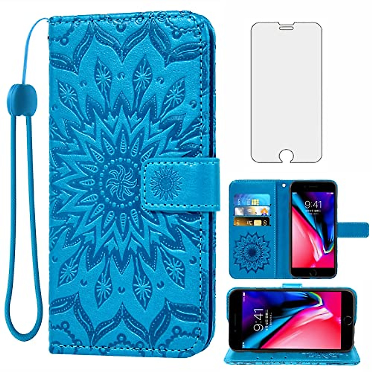 Phone Case for iPhone 7plus 8plus 7/8 Plus Wallet Cases with Tempered Glass Screen Protector Leather Flip Cover Card Holder Stand Cell Accessories i Phone7s 7s + 7+ 8s 8+ Phones8 Women Men Blue
