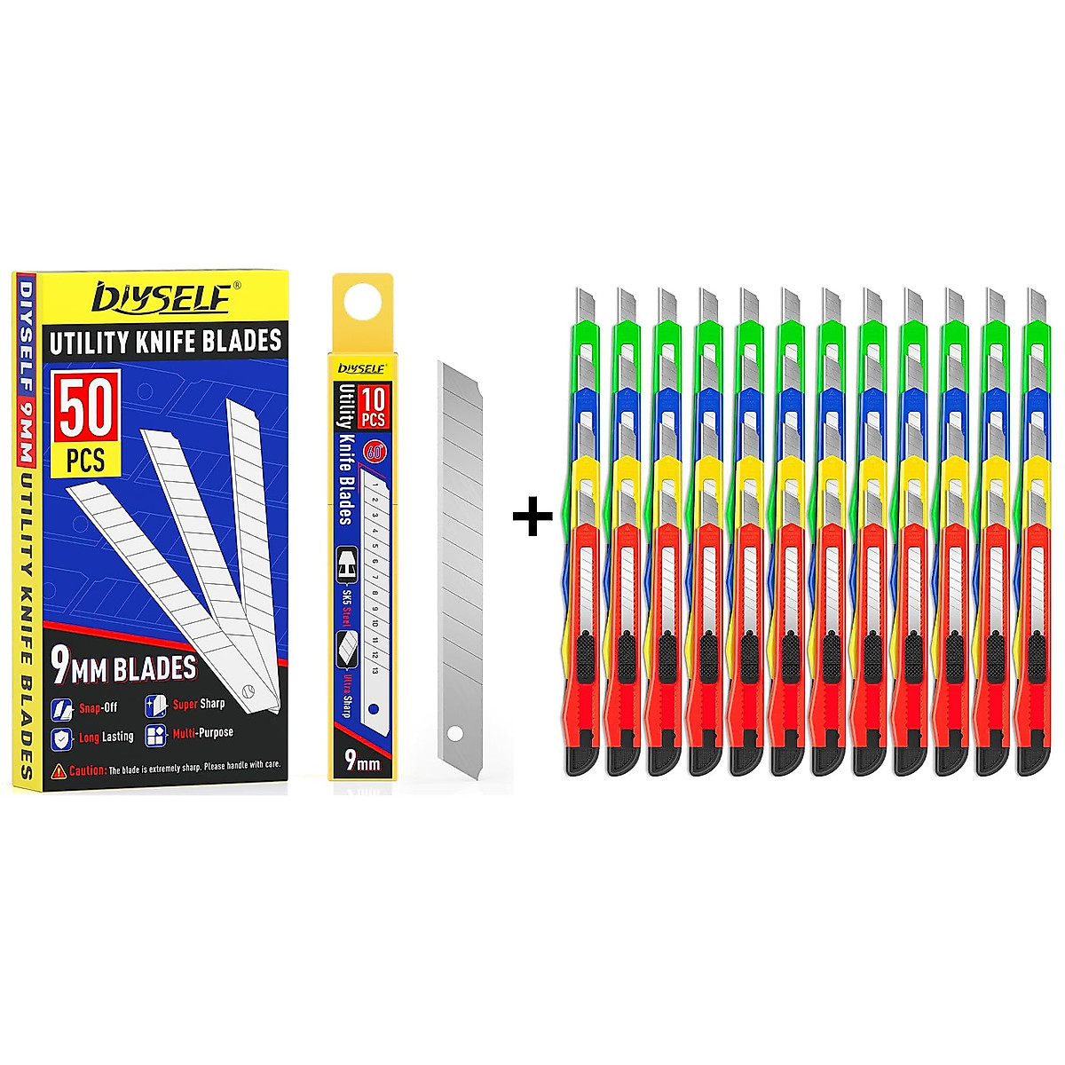 DIYSELF 48 Pack Box Cutters Retractable Heavy Duty and 50 Pcs 9MM Wide Blades of 60 Degrees, Razor Knife with Smooth Mechanism, 9mm Wide Box Cutter Knife Used for Cutting Paper, Plastic and Boxes