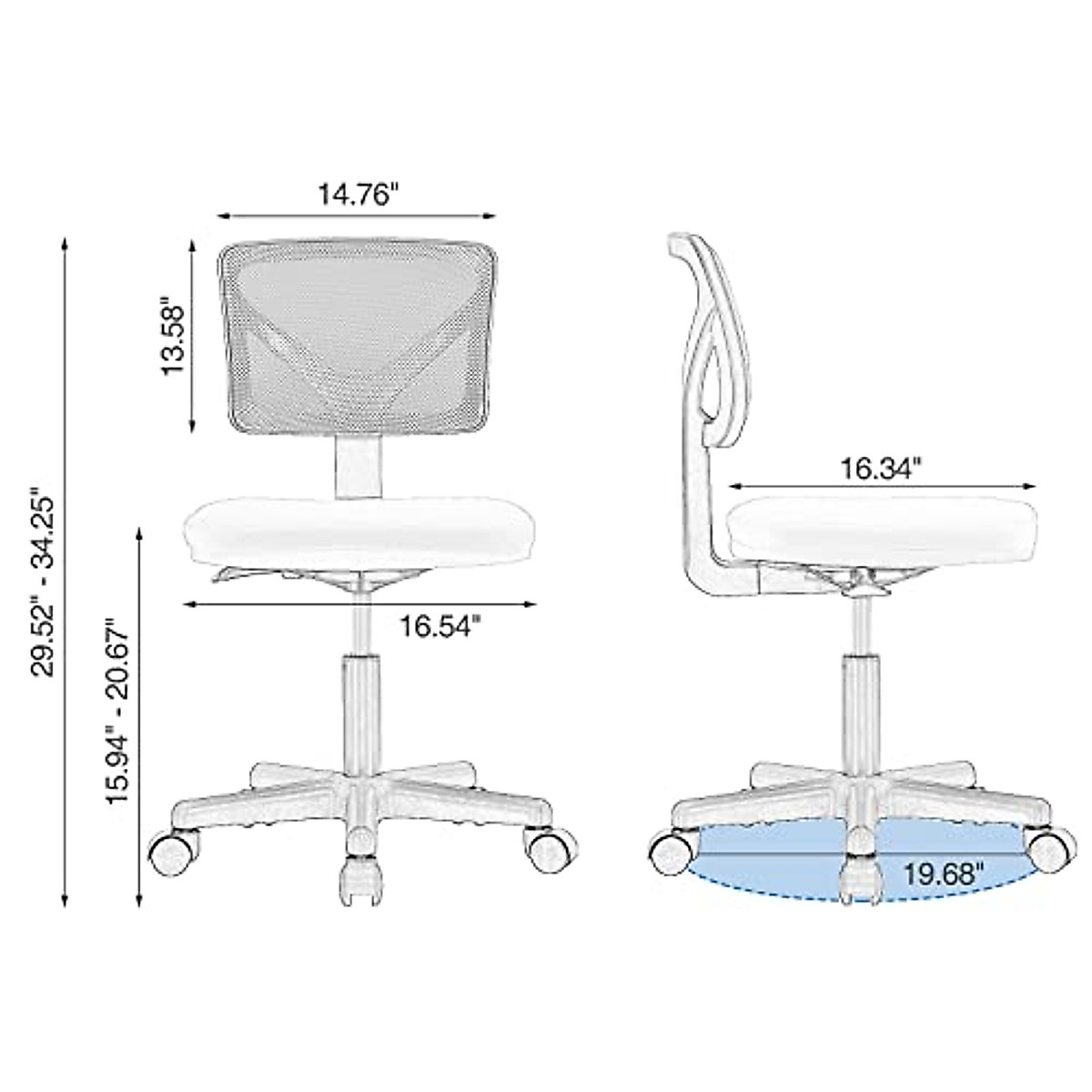 Armless Small Home Office Desk Chair, Ergonomic Low Back Computer Chair, Adjustable Rolling Swivel Task Chair with Lumbar Support for Small Space, 1 Pack, Blue