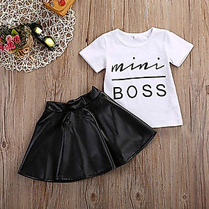 Afunbaby Toddler Baby Little Girls Fashion Clothes Mini Boss Shirt Tops&Leather Skirt 2Pcs Clothing Outfits Set (1-2T,Mini Boss Leather Sk)