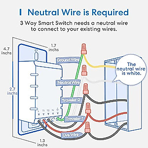3 Way Smart Light Switch (Neutral Wire Required), Meross 2.4G WiFi Light Switch Supports Alexa, Google Assistant and SmartThings, Voice Control and Schedule (1 Pack)
