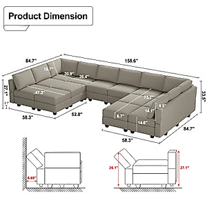 Belffin Oversized Modular sectional Sofa with Double Chaises U Shaped Sectional Sleeper Sofa Couch Reversible Sectional Sofa with Storage Velvet Grey