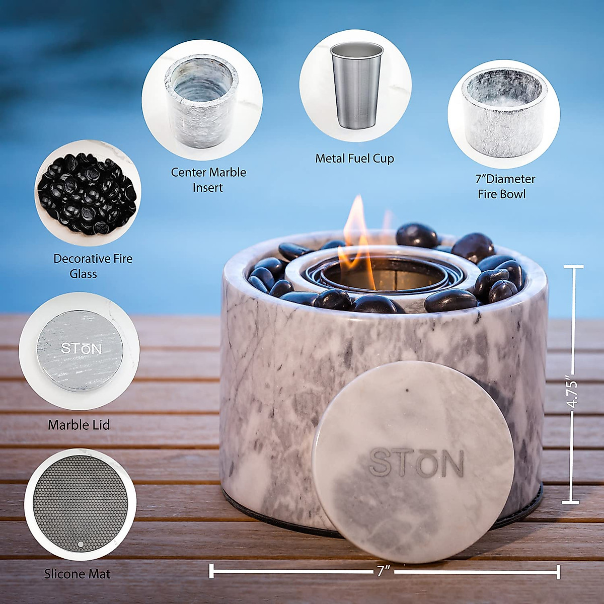Stonhome Tabletop Fire Pit Bowl - The Original Marble Portable Fireplace, Indoor Outdoor, Mini Fire Pit Clean Burning Real Flame for Patio Balcony, S’Mores Maker (White)