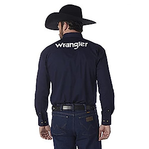 Wrangler mens Western Logo Two Pocket Long Sleeve Button Down Shirt, Navy, Large US
