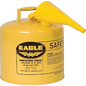 Eagle 5 Gallon Type I Yellow Safety Gas Can for Diesel with Flame Arrester, Self-Closing Lid, and F-15 Funnel, Made in the USA, Galvanized Steel Flammable Storage Can, UI50FSY