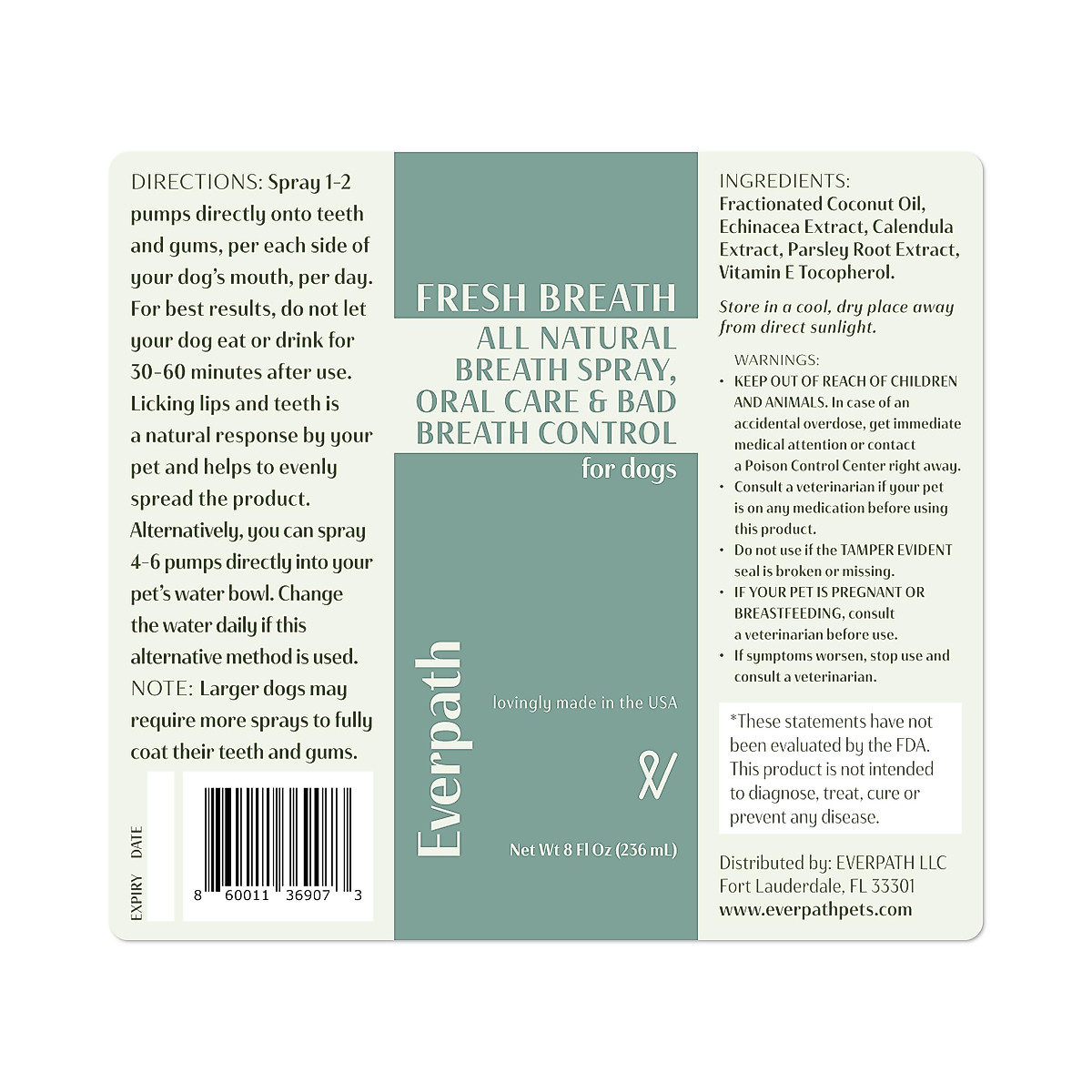 Everpath 2024 Upgraded Pet Fresh Breath Spray - 8 Fluid Ounces/236mls | Made in The USA | Enhances Dental and Gum Wellness | Supports Oral Care and Control Bad Breath | Natural Solution for Pets