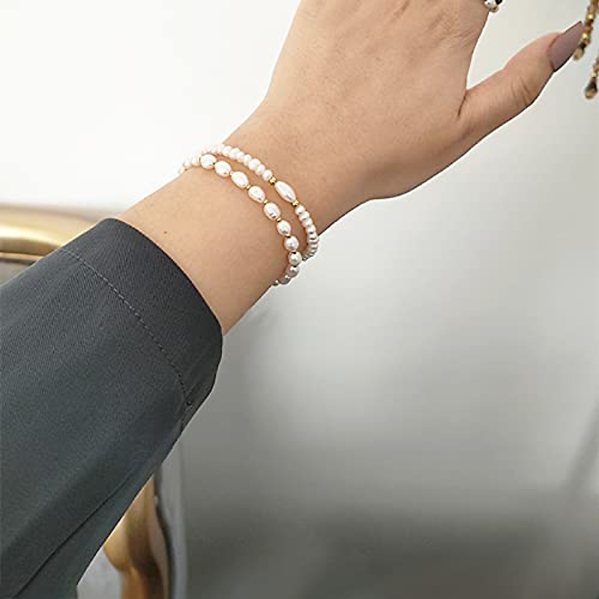 KVLmoze Layered Pearl Bracelets Vintage Stylish 3-5mm Handpicked Double Layer Pearl Strand Bracelet for Girls Women