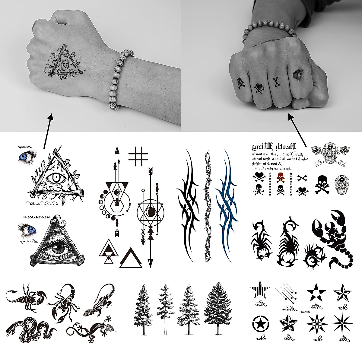 LAFORTIS 26 Sheets Realistic Waterproof Multiple Sizes Long Lasting Fake Tattoos Temporary Tattoo for Men Teens Boys on Arm Body Finger