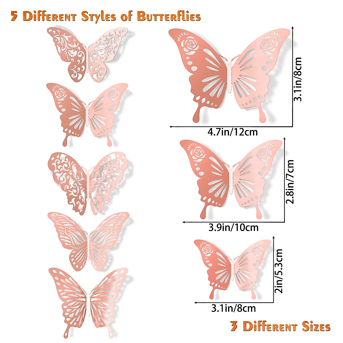 Creative 60PCS Hollow Butterfly Wall Decals 5 Style 3D Butterflies Stickers DIY Removable PVC Refraction Shiny Gold Home Decor for Kids Girl Bedroom Living Room Nursery Playroom Decoration (Rose Gold)