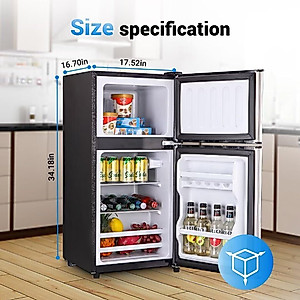 Geekman 3.5 Cu.Ft Mini Fridge with Freezer, Double Door Mini Fridger with 7 Level Adjustable Thermostat, Mini Refrigerator with interior LED light, Perfect for Dorm, Office, Bedroom＆RV, Silver