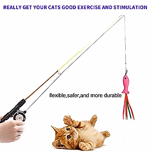 Whefory Retractable Cat Teaser Wand Toy, Cat Toys for Indoor Outdoor Cats Interactive Fishing Rod with 8 Pcs Refills Feather Toy, Plush Mouse Caterpillar & Fish