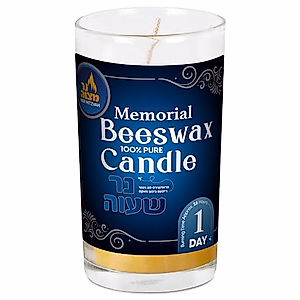 Ner Mitzvah 24 Hour Beeswax Yartzeit Candle - 1 Day Kosher Yahrtzeit Memorial and Yom Kippur Candle in Glass Jar