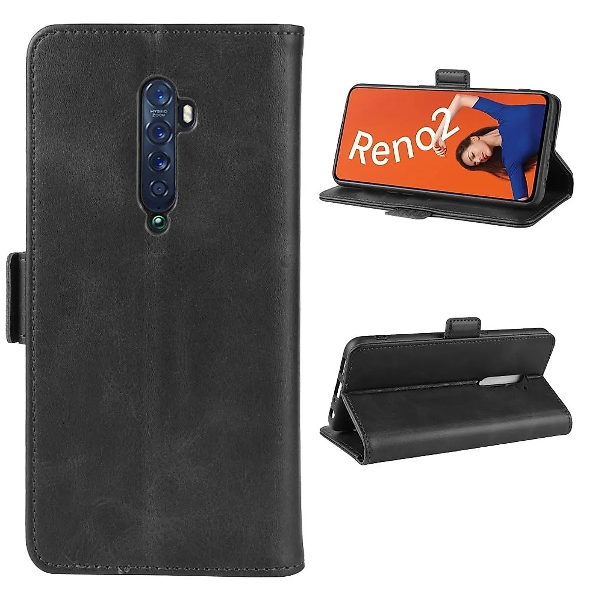 Oppo case for Oppo RENO2 Wallet Stand Leather Cell Phone Case with Wallet & Holder & Card Slots(Black) (Color : Black)