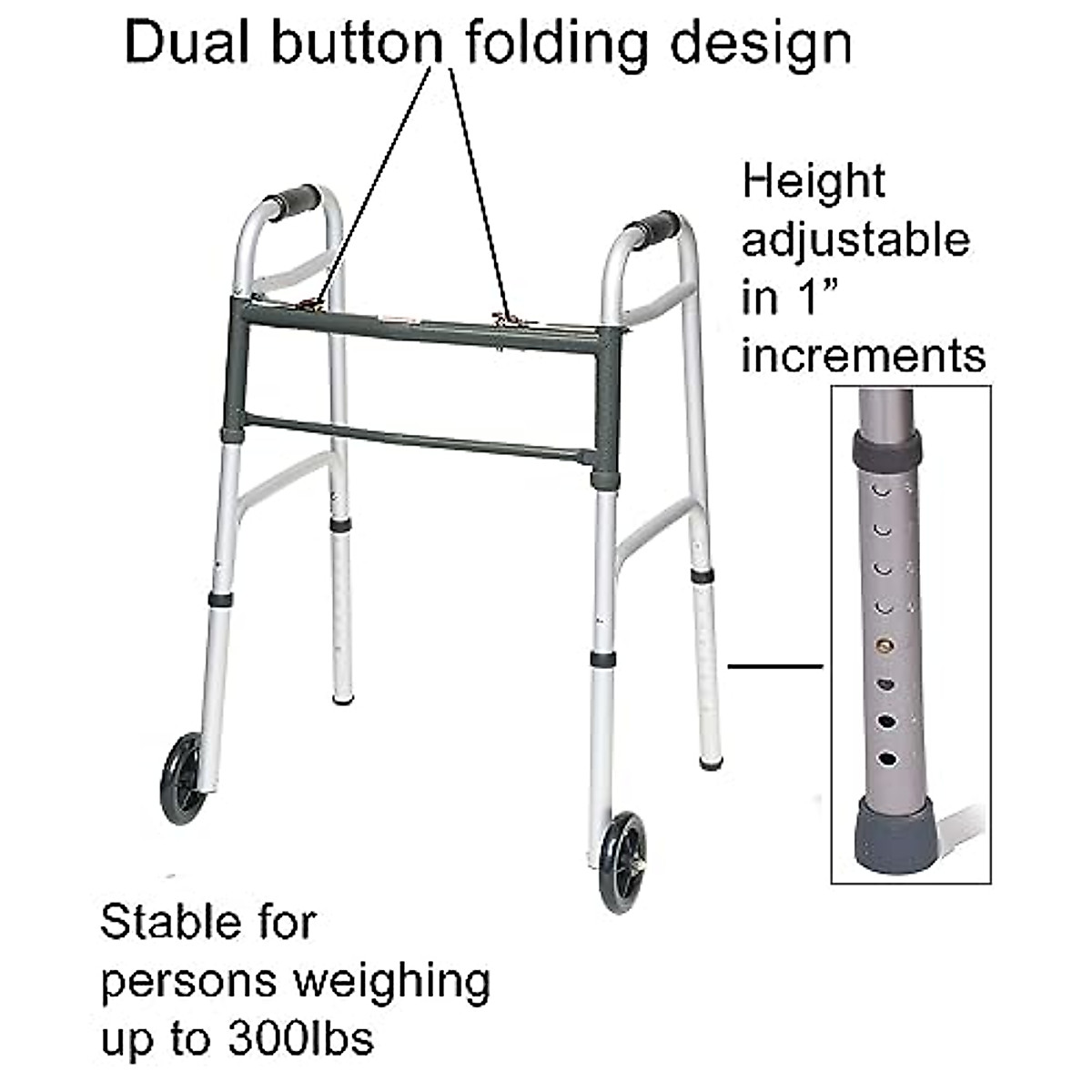 ProBasics Aluminum Lightweight Walker With Wheels, Walker for Seniors, Lightweight Adult Walker with 5" Wheels, Foldable Two-Button Release Walker, 300lbs Weight Capacity