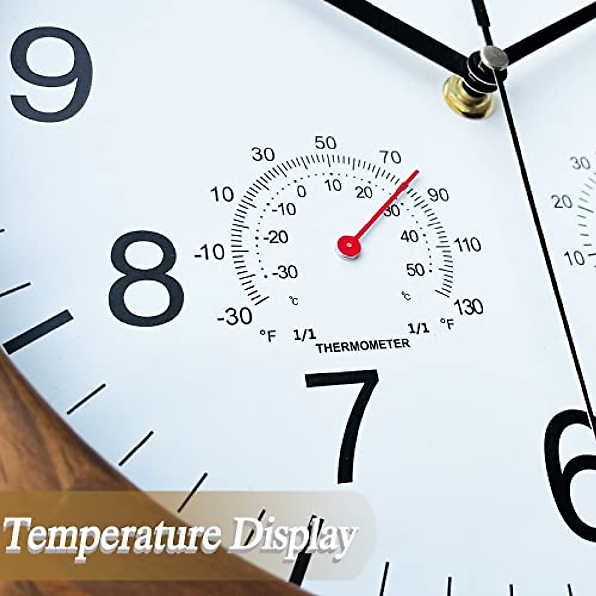 Reynoe Wooden Wall Clock with Temperature and Humidity, 12 Inch Brown, Large Numbers for Room Decor