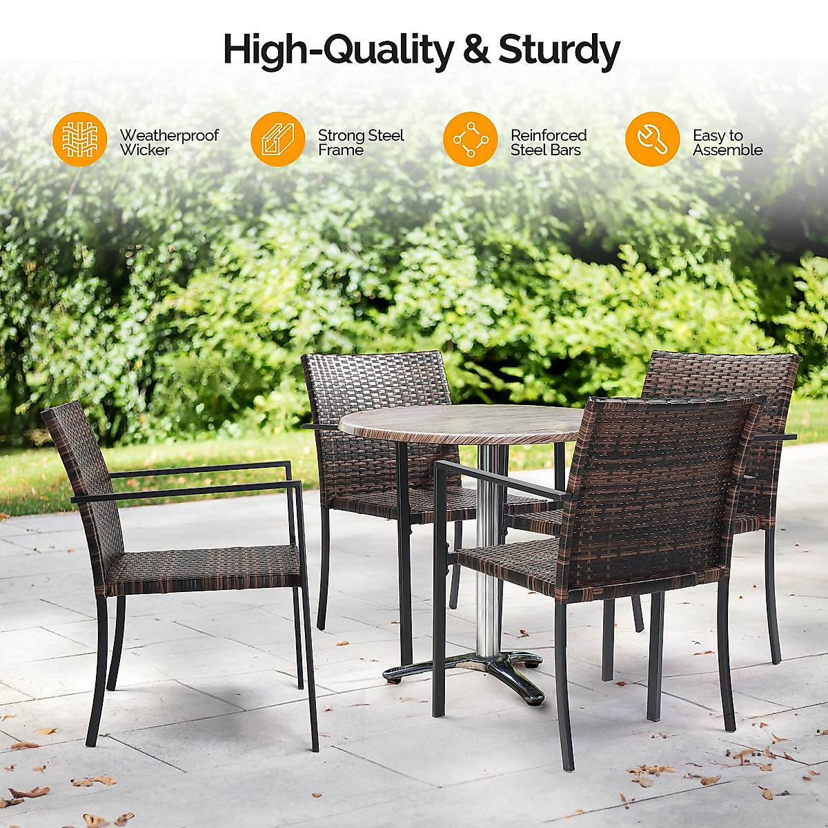 VINGLI Stackable Wicker Chairs Outdoor Dining Chairs Set of 4, All-Weather Patio Ratten Chairs Furniture for Garden Porch Backyard Deck Fire Pit, Capacity 350 lbs, Brown