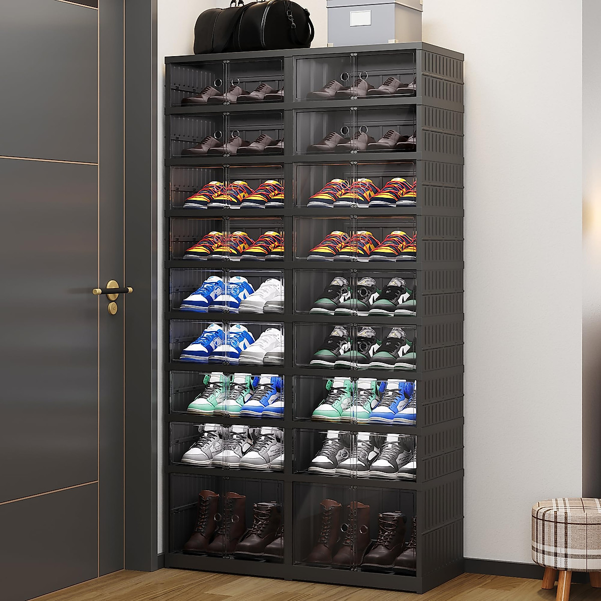 Rubikliss Collapsible Shoe Rack for Closet, 9 Tiers-36 Pairs Plastic Foldable Shoe Organizer with Clear Door, Portable Free Standing Zapateras Organizer for Entryway, Living Room,Black