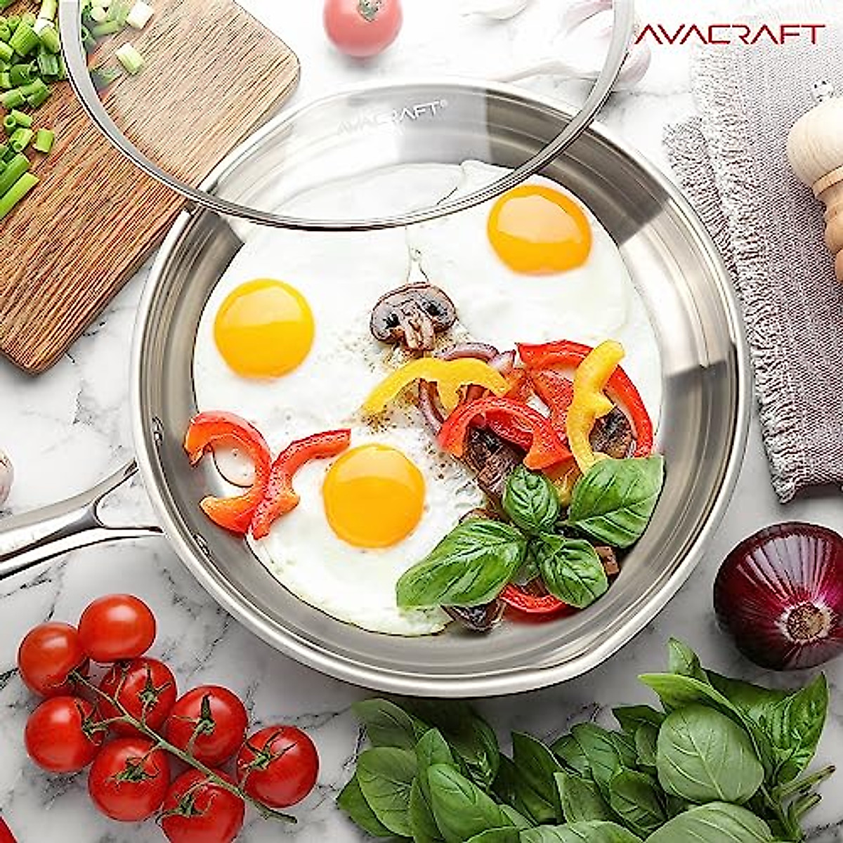 AVACRAFT 10 Inch Tri-Ply Stainless Steel Frying Pan with Lid, Side Spouts, Induction Pan, Versatile Stainless Steel Skillet, Fry Pan in our Pots and Pans (Tri-Ply Stainless steel,10 Inch)