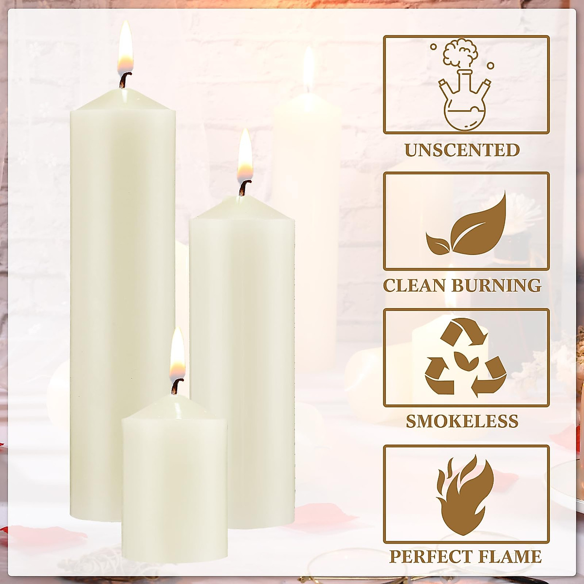 MTLEE Set of 72 Ivory Pillar Candles 2 x 3, 2 x 6, 2 x 8 Inch Smokeless and Dripless Unscented Large Candles Pillar Long Clean Burning Rustic Pillar Candles Set for Wedding Dinner and Home Decor