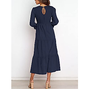 LOGENE Womens Round Neckline Shirred Bodice Maxi Dress Tiered Panel Skirt-6L55-zanglang-M Navy Blue