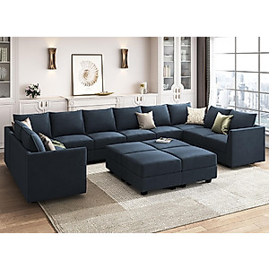 HONBAY Velvet Modular Sofa Couch with Chaise Oversized U Shaped Sectional Sofa Reversible Modular Sofa Bed with Storage Seats, Dark Blue