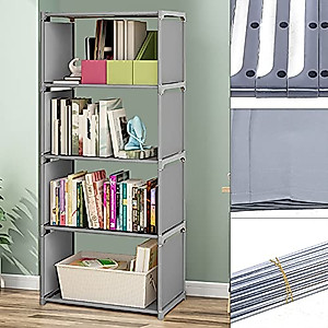 DOONARCES 4 Tiers Grey Bookcase Bookshelf Free Standing Book Toys Storage Rack Organizer Display Shelf Waterproof Metal&Woven Fabric Shelf for Study Room Bedroom Living Room 16 * 10 * 49in