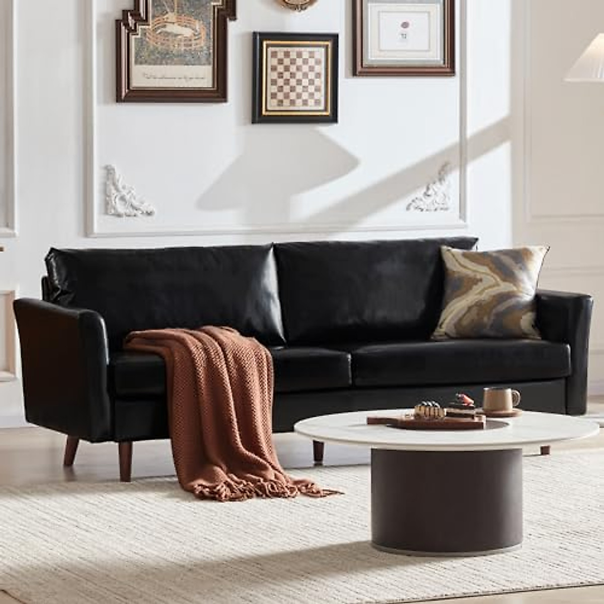 WILLOVE 80'' Faux Leather Sofa, 3 Seater Leather Couch with Cozy Wide Seats, Mid-Century Modern Loveseat Couch for Living Room Furniture with Padded Cushions, Black