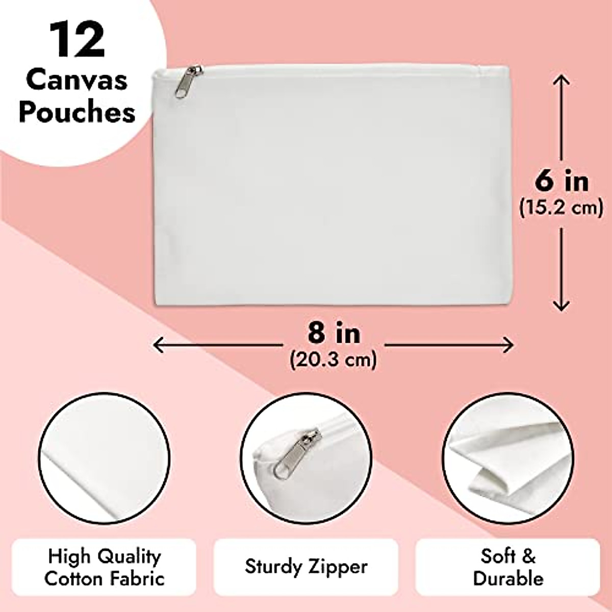 Juvale 12-Pack Bulk Blank Canvas Zipper Pouch Set with Zipper for Cosmetic & DIY Crafts, Pens, Pencils, Markers, Scissors, Makeup Brushes, Lip Gloss, Hair Clips (8x6 in)