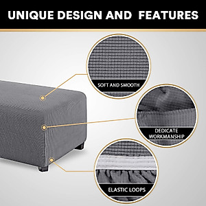 PrinceDeco Stretch Ottoman Cover Ottoman Slipcovers Rectangle for Living Room Foot Stool Stretch Covers to Fit Ottoman Foot Rest, Thick Checked Jacquard Fabric with Elastic Bottom (Large Size, Grey)