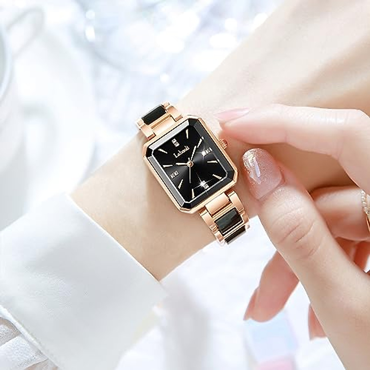 devaco Stainless Steel Rose Gold Diamond Quartz Wristwatch, Fashionable Square Waterproof Date Ladies' Watch (Black-glod)