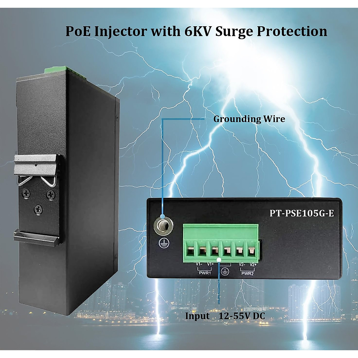 PROCET DIN Rail PoE Injector 30W Industrial IEEE802.3at/ PoE+ Power Injector, 6KV Surge Protection, Wide Working Temperature -40℉ to 149℉, PT-PSE105G-E