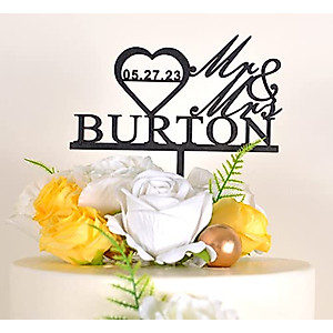 Personalized Wedding Cake Toppers, Customize Wedding Date And Last Name, Bride & Groom,Mr& Mrs Cake Topper,Wedding Favors,Cake Topper,Wedding Decorations For Reception,Wedding Cake Toppers (Wood)