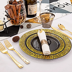 NOCCUR 210pcs Black and Gold Plates - Black Gold Plates and Napkins Party Supplies Include 30 Dinner Plates, 30 Dessert Plates, 30 Prerolled Plastic Cutlery and 30 Cups - Ideal for Party&New Year