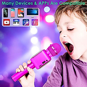 KIDWILL Wireless Bluetooth Karaoke Microphone for Kids, 5-in-1 Portable Handheld Karaoke Mic Speaker Player Recorder with LED Lights for Kids Girls Boys Teens Birthday (1818-Hot Pink)